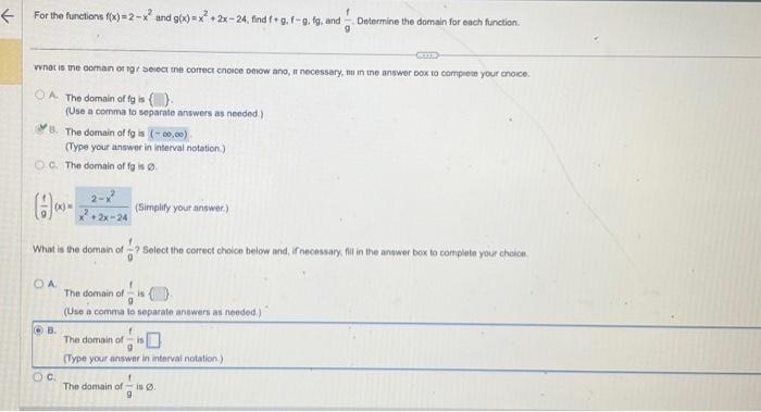 Solved For the functions f(x)=2−x2 and g(x)=x2+2x−24, find | Chegg.com