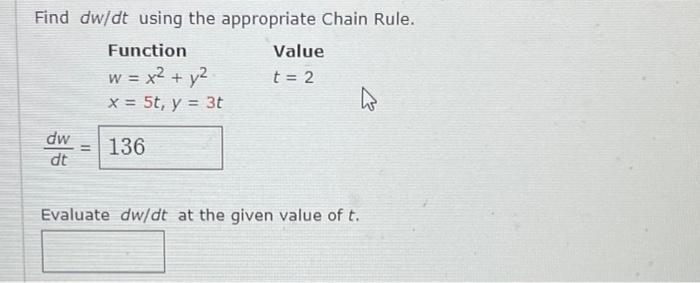 Solved Find dw/dt using the appropriate Chain Rule. Function | Chegg.com