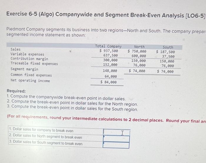 Solved Exercise 6-5 (Algo) Companywide and Segment | Chegg.com