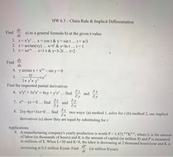 Solved HW 6.3 - Chain Rule & Implicit Differentiation dz | Chegg.com
