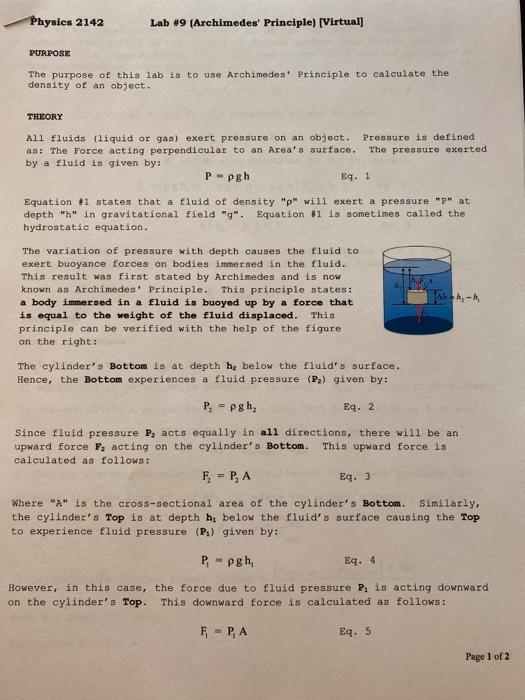 Solved Physics 2142 Lab #9 (Archimedes' Principle) (Virtual] | Chegg.com