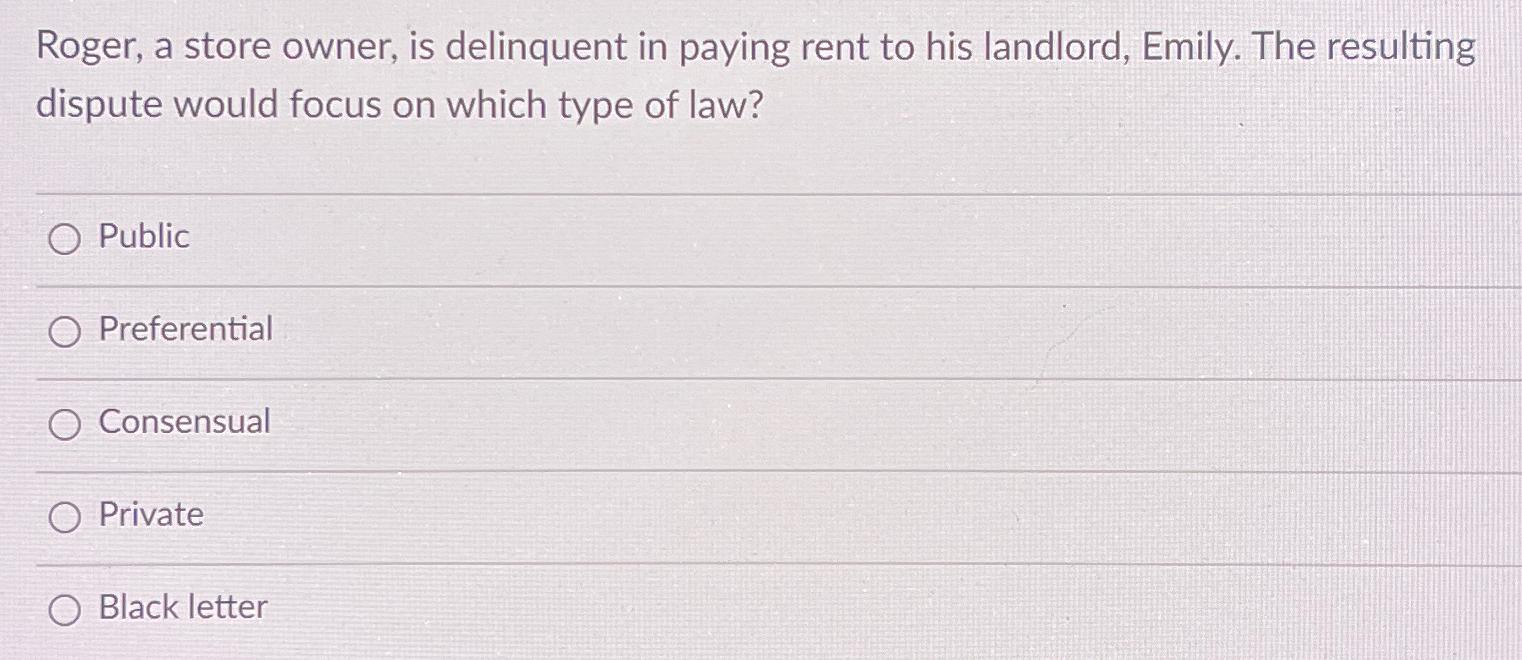 Solved Roger, a store owner, is delinquent in paying rent to | Chegg.com