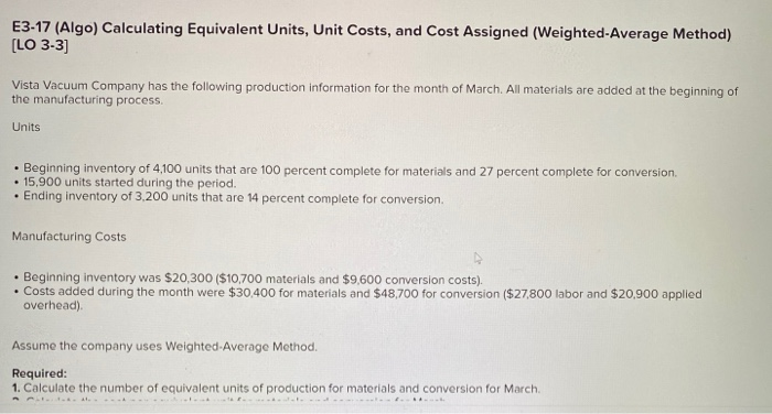 Solved E3-17 (Algo) Calculating Equivalent Units, Unit | Chegg.com
