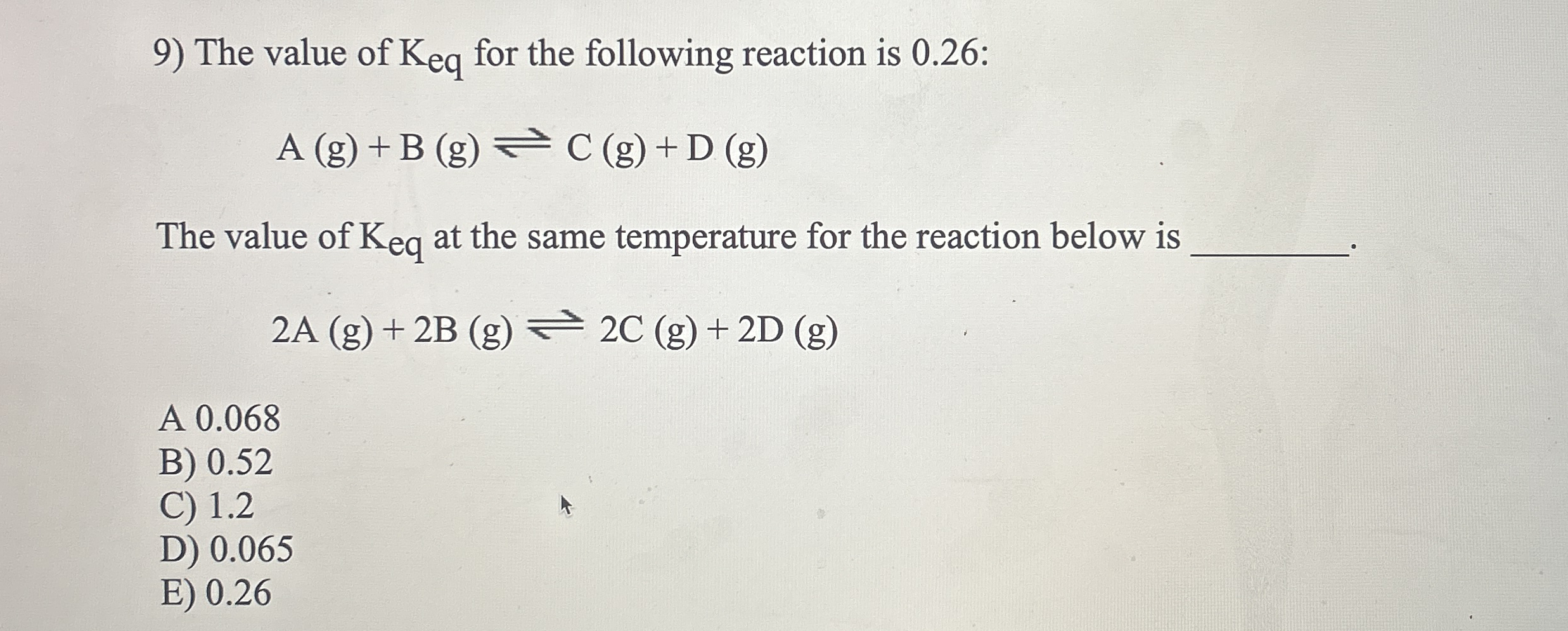 Solved The value of Keq ﻿for the following reaction is 0.26 | Chegg.com