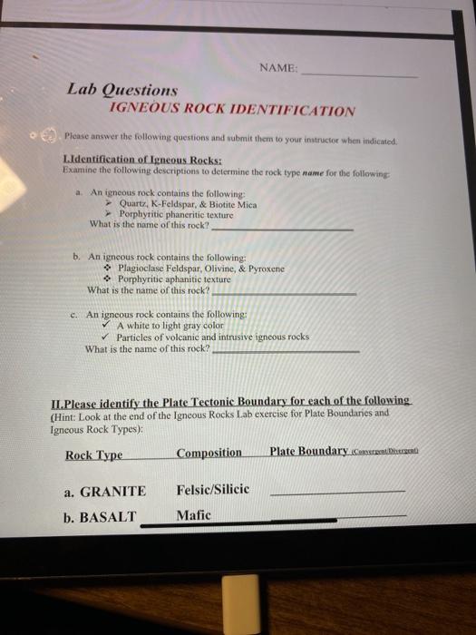 Solved O Igneous Rock Identification Lab Physical Geology | Chegg.com
