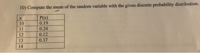 Solved 10) Compute the mean of the random variable with the | Chegg.com