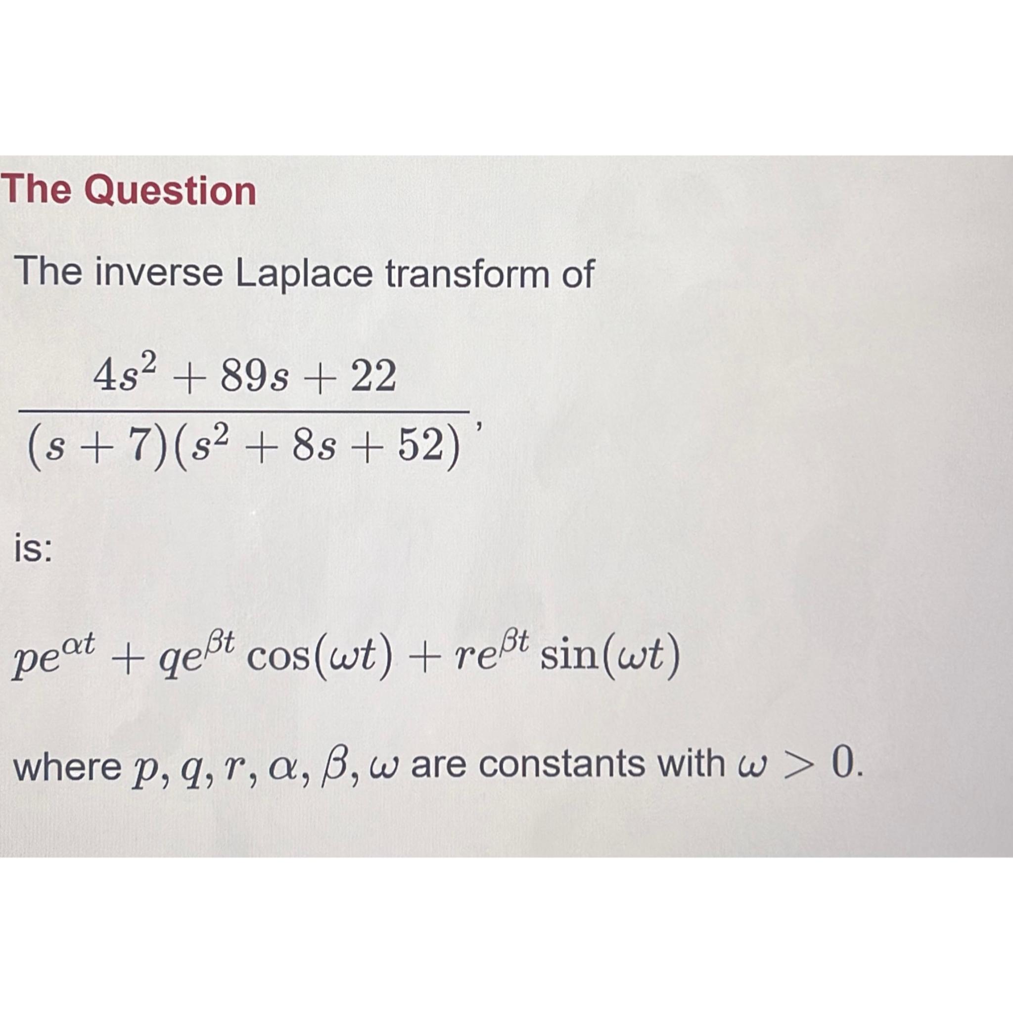 Solved The QuestionThe inverse Laplace transform | Chegg.com