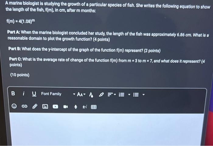 Solved A marine biologist is studying the growth of a | Chegg.com