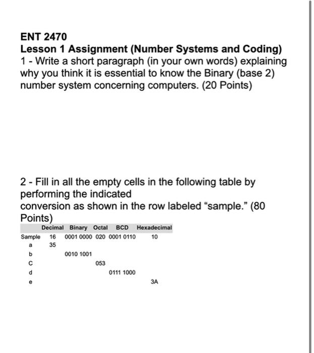 Solved ENT 2470 Lesson 1 Assignment (Number Systems and | Chegg.com