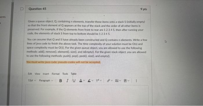 Solved Given a queue object, Q, containing n elements, | Chegg.com
