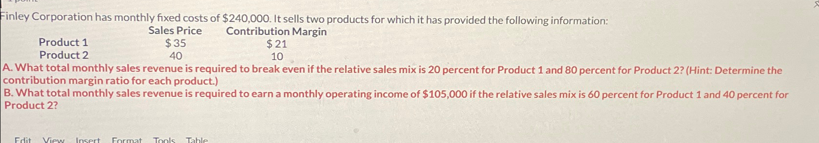 Solved Finley Corporation has monthly fixed costs of | Chegg.com