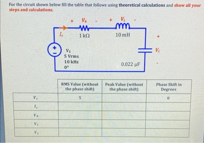 Solved For the circuit shown below fill the table that | Chegg.com