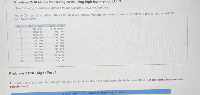 Solved Problem 21-1A (Algo) Measuring costs using high-low | Chegg.com