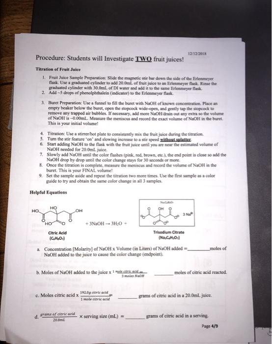 Solved 12/12/2018 CHM210-Titration of Fruit Juices | Chegg.com