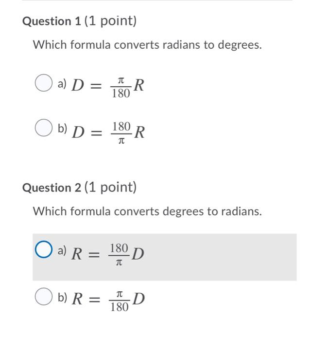 Solved Question 1 (1 point) Which formula converts radians | Chegg.com
