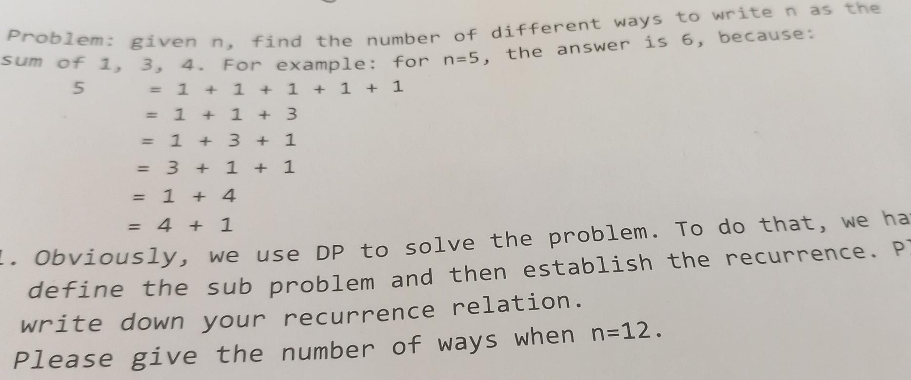 Solved Problem: given n, find the number of different ways | Chegg.com