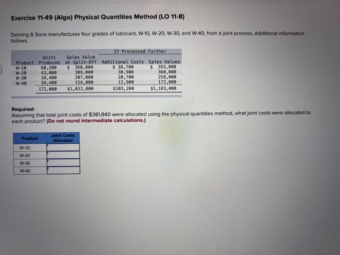 Solved Exercise 11-49 (Algo) Physical Quantities Method (LO | Chegg.com