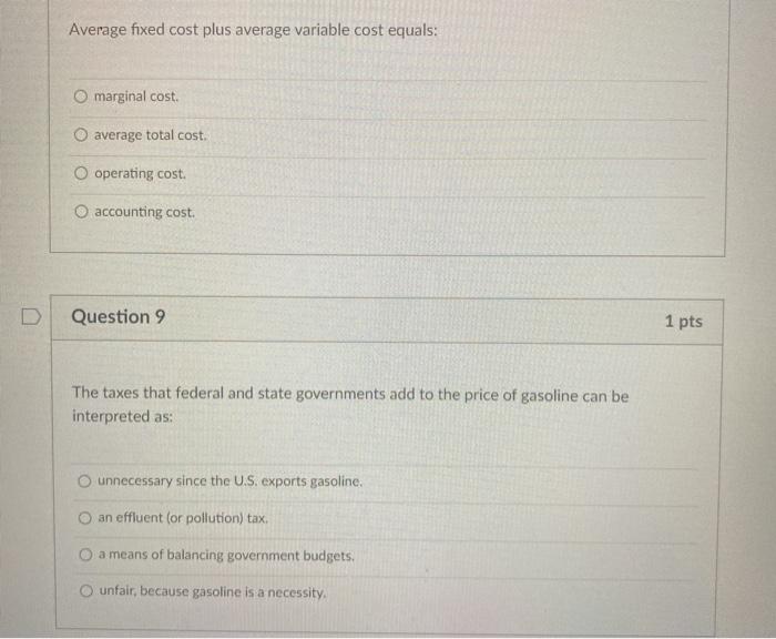 Solved Average fixed cost plus average variable cost equals: | Chegg.com