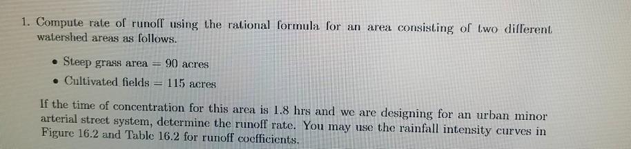 Solved 1. Compute rate of runoff using the rational formula | Chegg.com