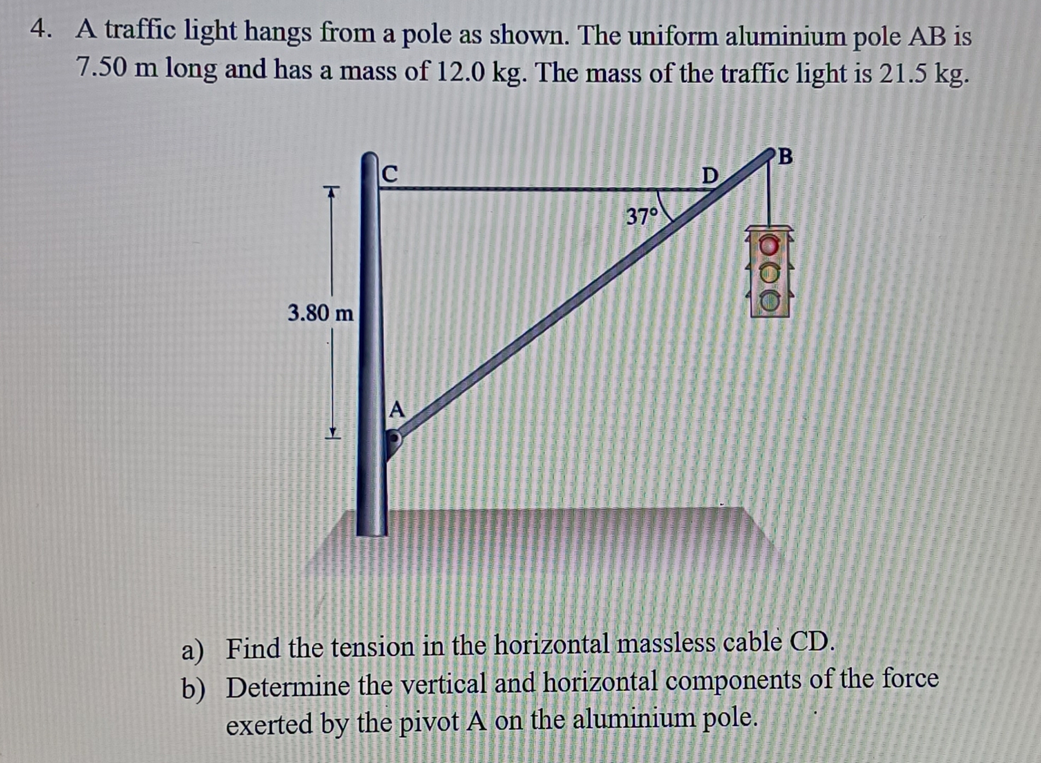 Solved A traffic light hangs from a pole as shown. The | Chegg.com