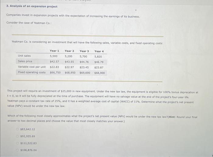 Solved 3. Analysis of an expansion project Companies invest | Chegg.com