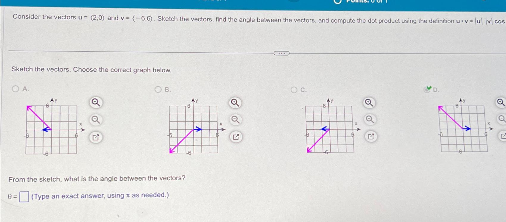 Solved Consider the vectors u=(:2,0:) and v=(:-6,6:). Sketch | Chegg.com