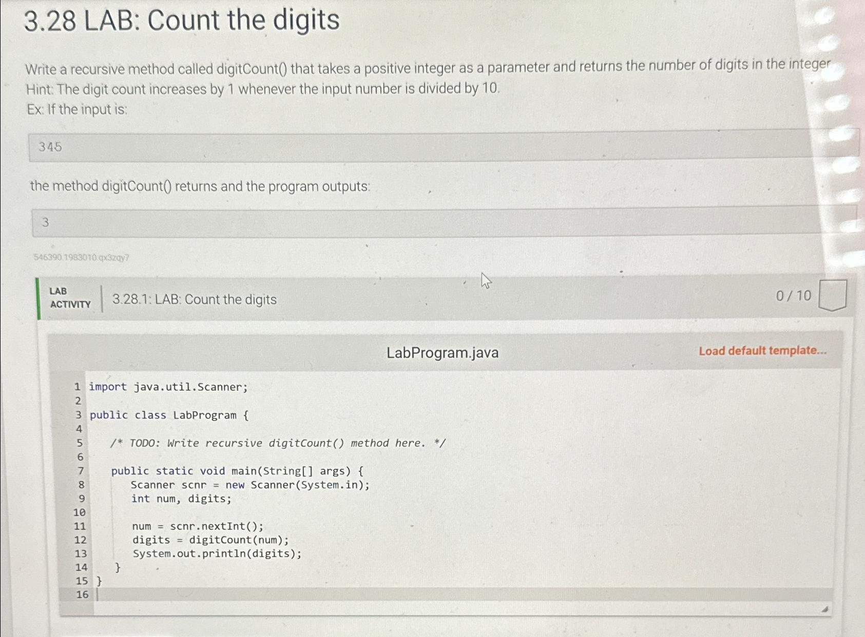 Solved 3.28 ﻿LAB: Count the digitsWrite a recursive method | Chegg.com