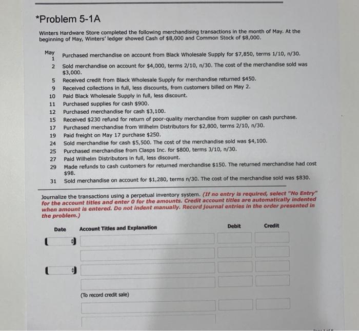 Solved *Problem 5-1A Winters Hardware Store completed the | Chegg.com