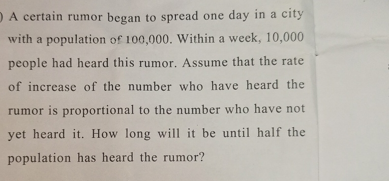 Solved A certain rumor began to spread one day in a city | Chegg.com