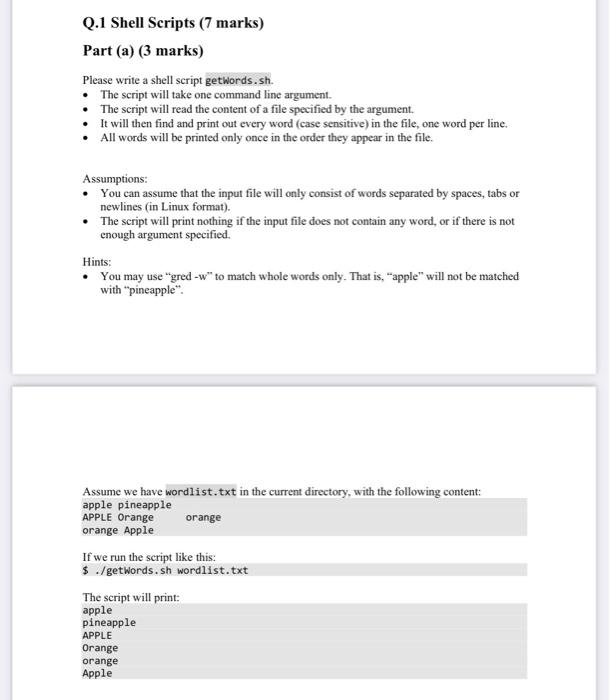 Solved Q.1 Shell Scripts (7 marks) Part (a) (3 marks) Please | Chegg.com