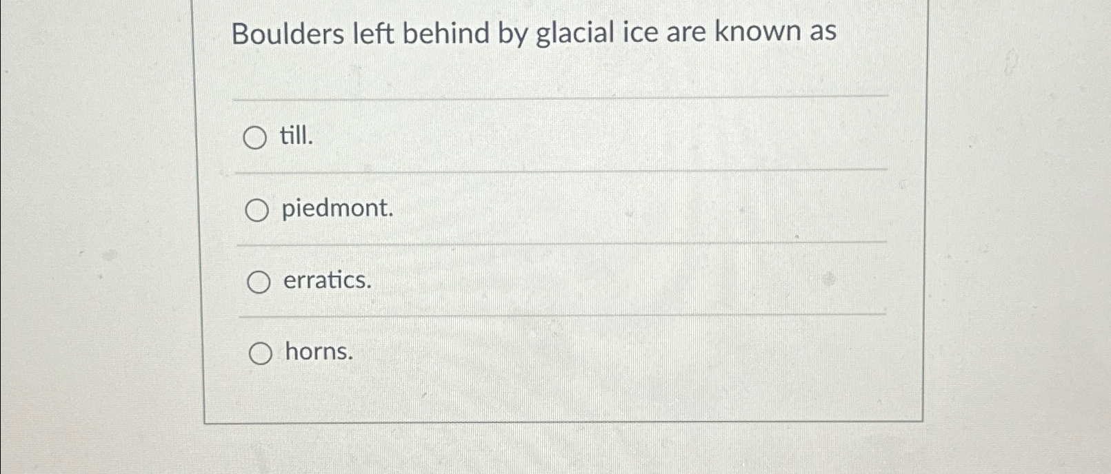 Solved Boulders left behind by glacial ice are known | Chegg.com