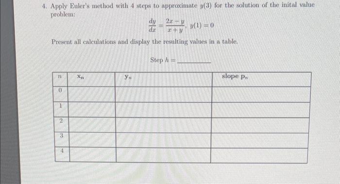 Solved 4. Apply Euler's method with 4 steps to approximate | Chegg.com