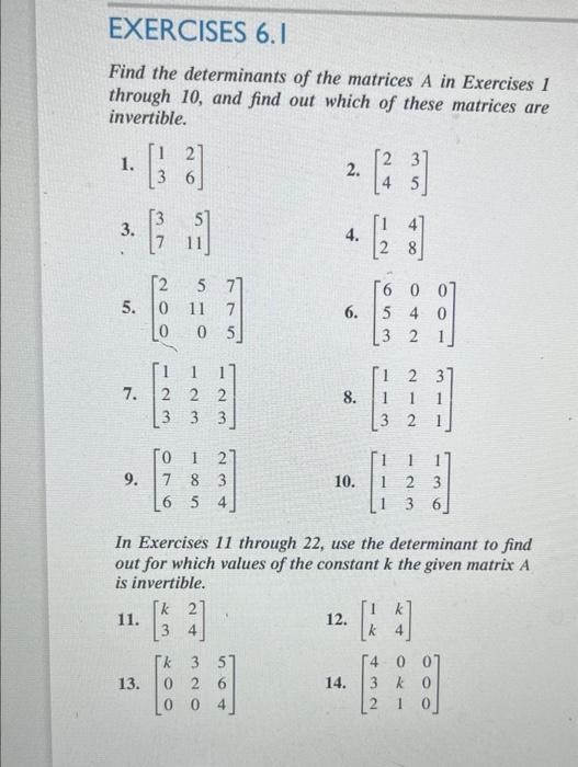 Solved Find the determinants of the matrices A in Exercises | Chegg.com