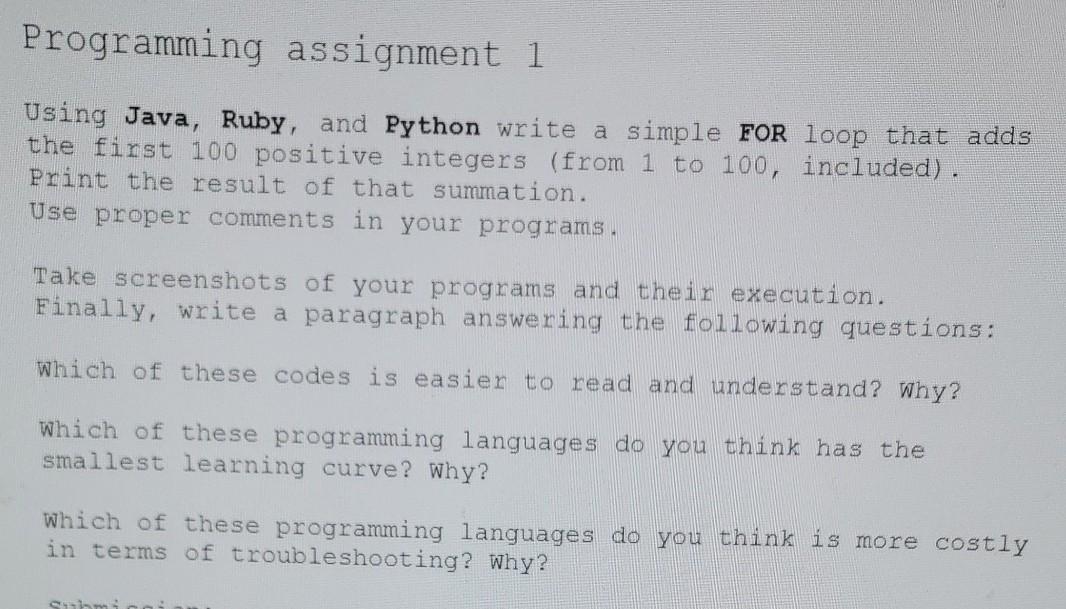 Solved Programming assignment 1 Using Java, Ruby, and Python | Chegg.com