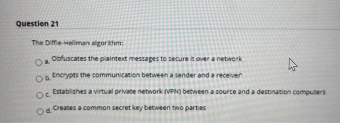 Solved Question 21 The Diffie-Hellman algorithm: O a. | Chegg.com