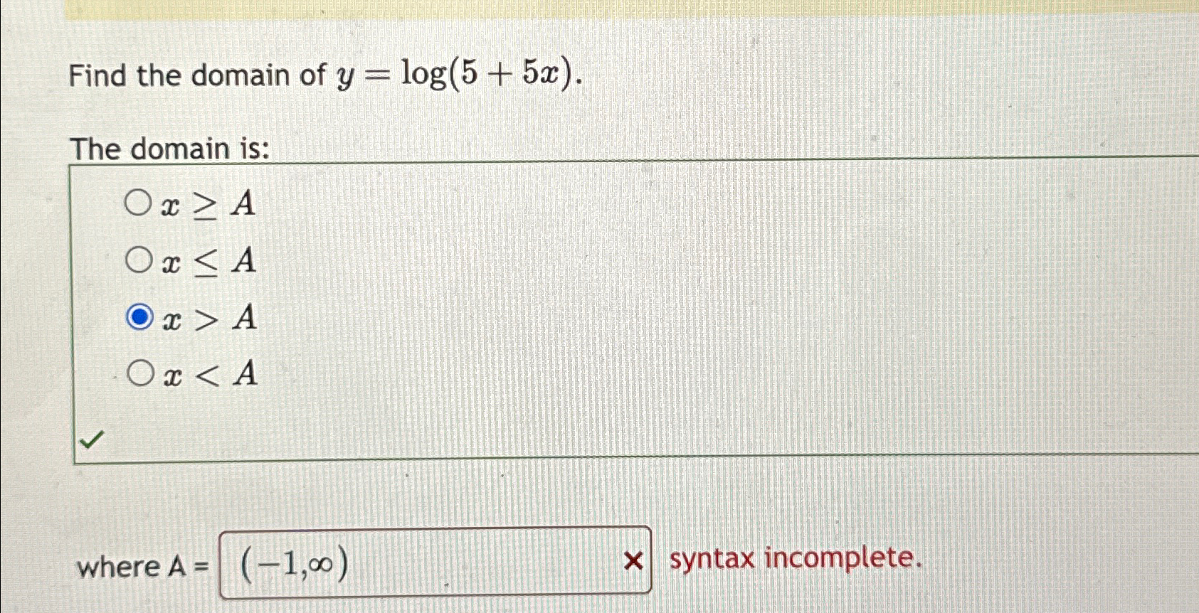 Solved Find the domain of y=log(5+5x).The domain | Chegg.com