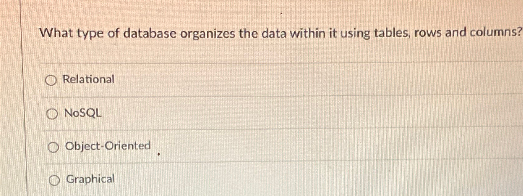 Solved What type of database organizes the data within it | Chegg.com