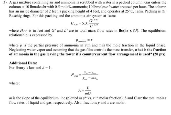 Solved A gas mixture containing air and ammonia is scrubbed | Chegg.com