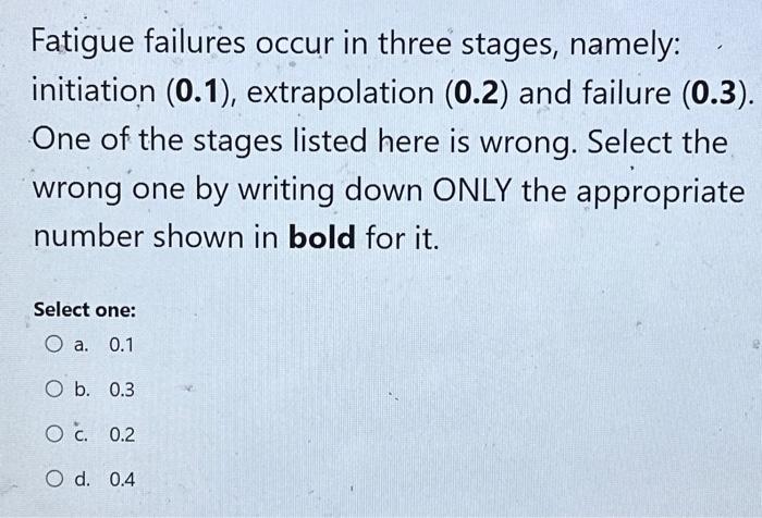 Solved Fatigue failures occur in three stages, namely: | Chegg.com