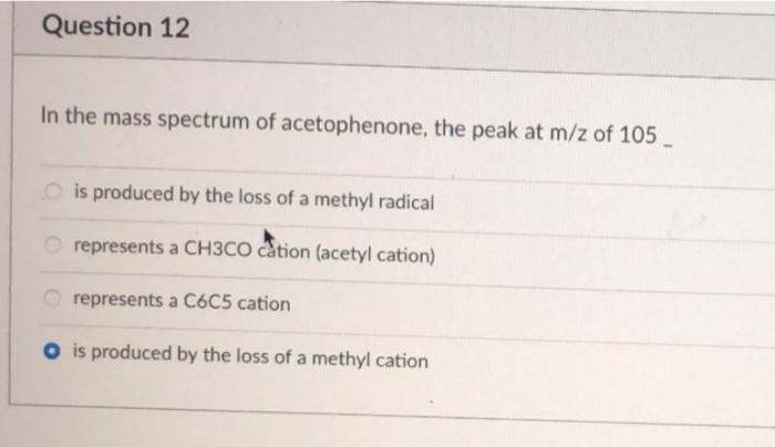 Solved Question 12 In the mass spectrum of acetophenone, the | Chegg.com