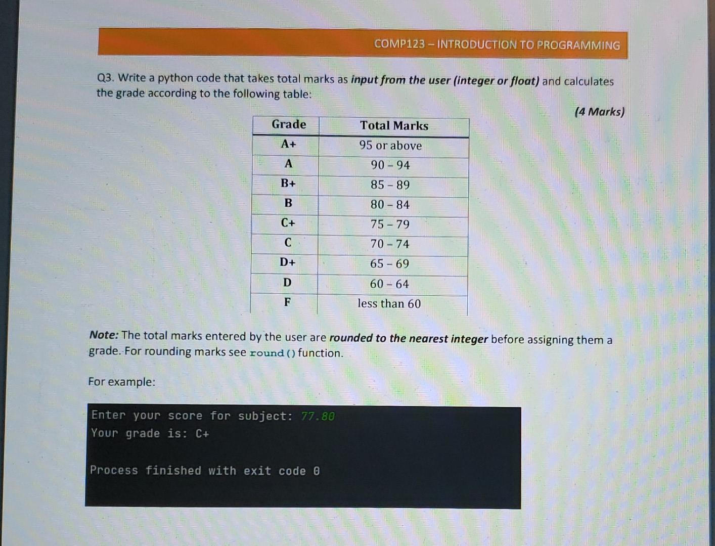 Solved COMP123 - INTRODUCTION TO PROGRAMMING Q3. Write a | Chegg.com