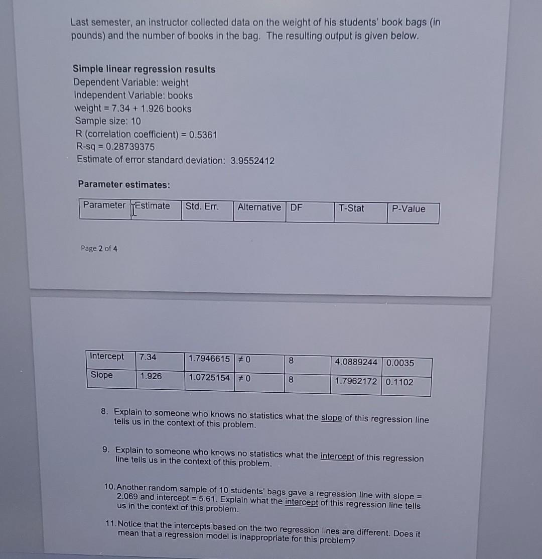 Solved Last semester, an instructor collected data on the | Chegg.com