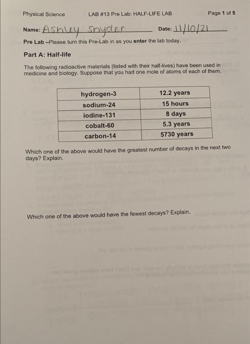 Solved Physical Science LAB #13 Pre Lab: HALF-LIFE LAB Page | Chegg.com
