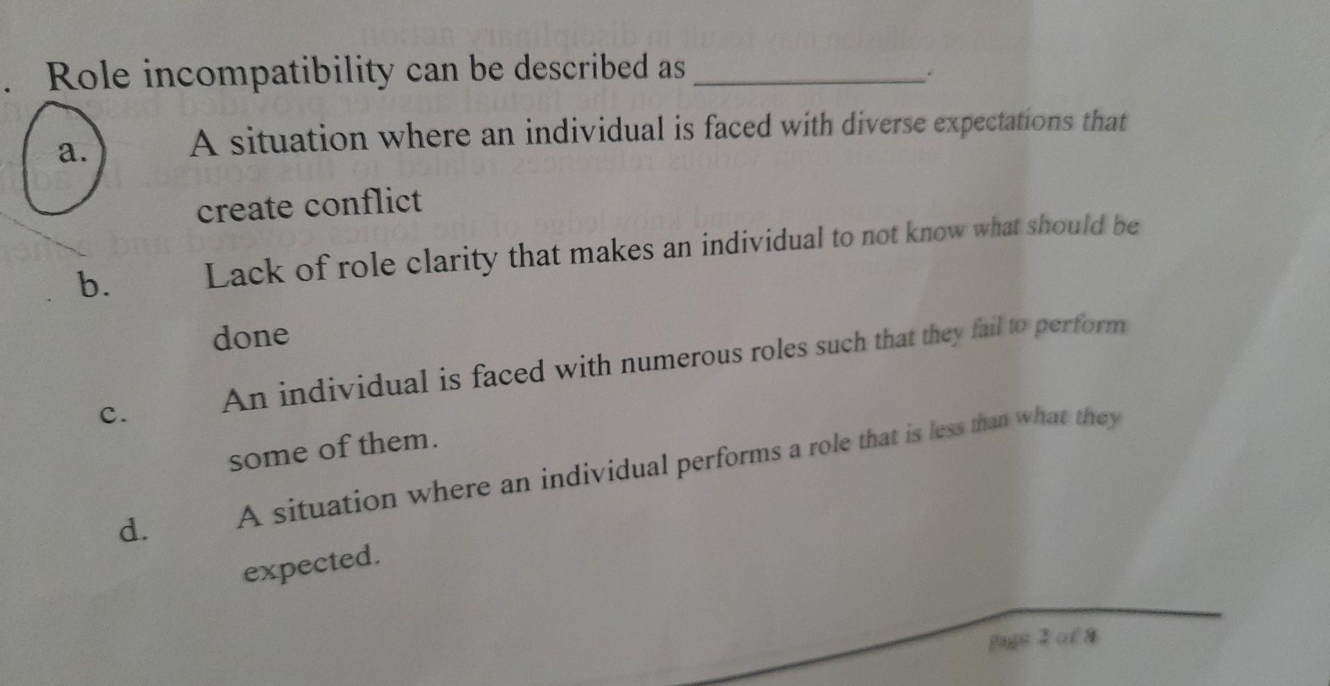 Solved Role incompatibility can be described as a. A | Chegg.com