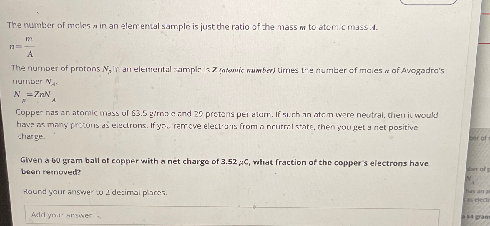 Solved The number of moles n ﻿in an elemental sample is just | Chegg.com