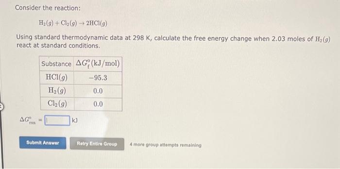 Solved Consider the reaction: H2(g)+Cl2(g)→2HCl(g) Using | Chegg.com
