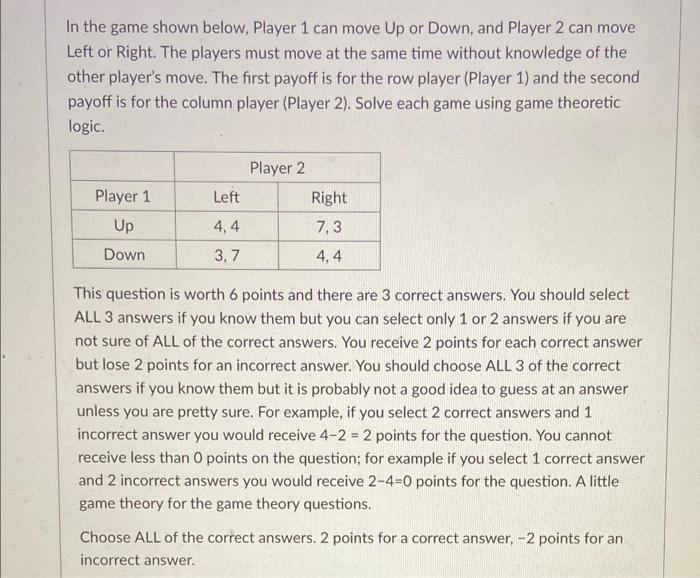 Solved In the game shown below, Player 1 can move Up or | Chegg.com