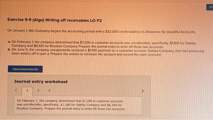 Solved CH Exercise 9-5 (Algo) Writing off receivables LO P2 | Chegg.com