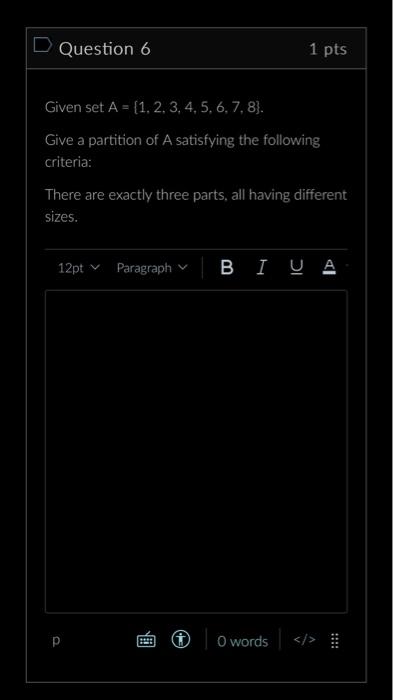 Solved Given set A={1,2,3,4,5,6,7,8}. Give a partition of A | Chegg.com