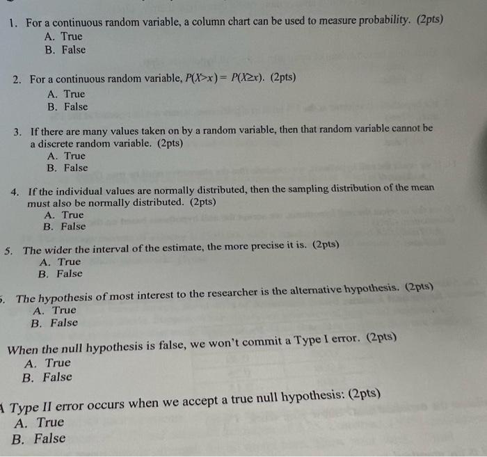 Solved 1. For a continuous random variable, a column chart | Chegg.com
